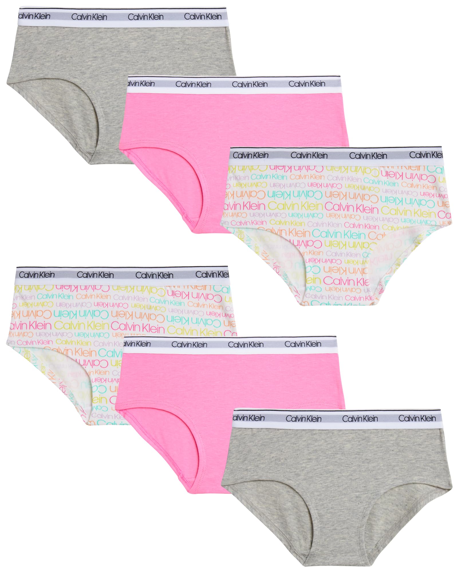 Calvin Klein Girls' Underwear - 6 Pack Stretch Cotton Hipster Briefs (S-XL), Size Large, Calvin Logo/Sachet Pink/Heather Grey