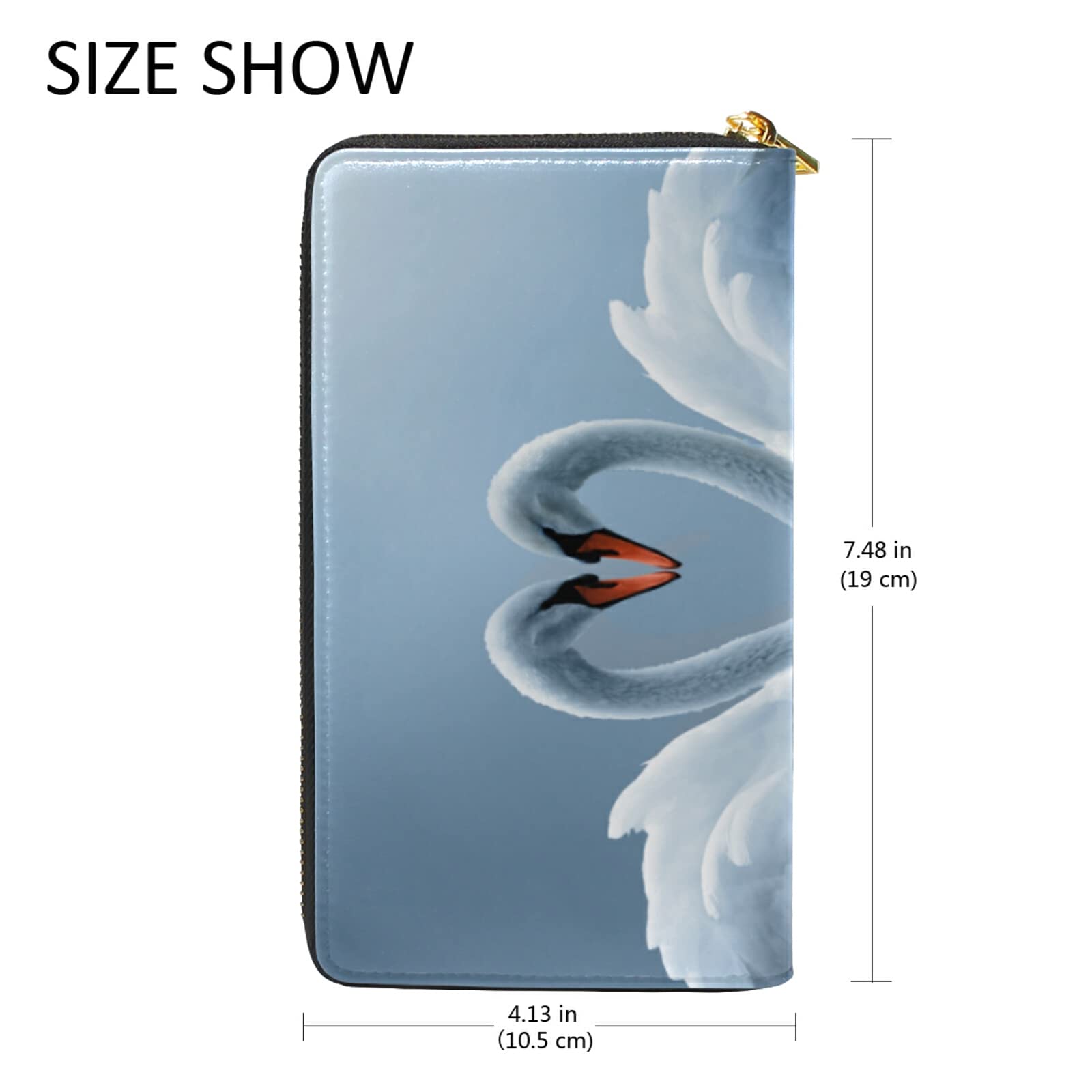 Two Swan Ducks Making Heart Swimming on Water Beautiful Scene Leather Long Wallet Organizer with Zipper Purse Clutch Bag for Women Men