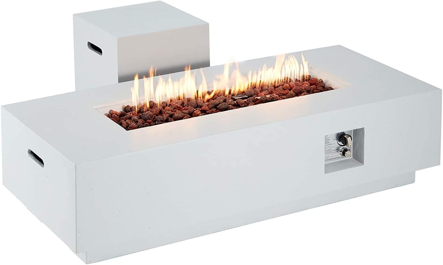 ECOTOUGE 2-Piece 56" Outdoor Rectangle Propane Fire Pit Table with Tank Holder, 50,000 BTU Concrete Fire Table with Weather-Resistant Pit Cover, Auto-Ignition, Free Lava Rocks, Fits 20lb Tank, White