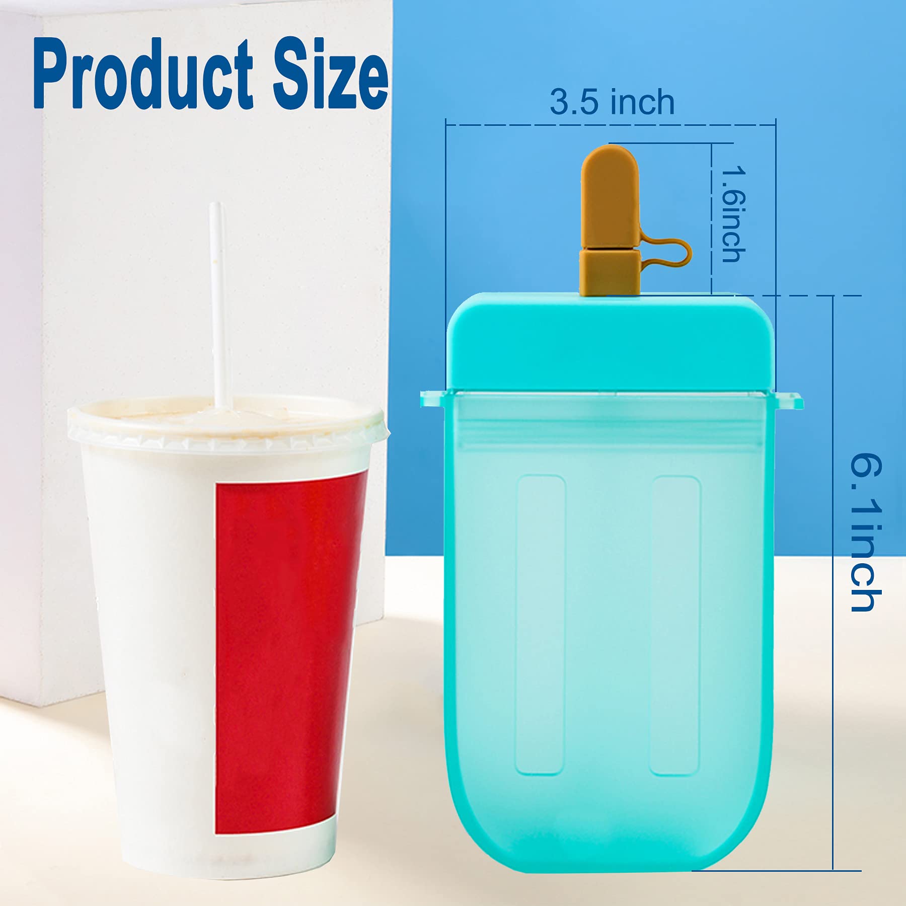Cute Water Bottle with Straw, 300 ML Creative Ice Cream Popsicle Cups with Adjustable Shoulder Strap for School Girls Kids, Kawaii Flat Portable Leak proof Drinking Bottles for Camping Travel - Blue