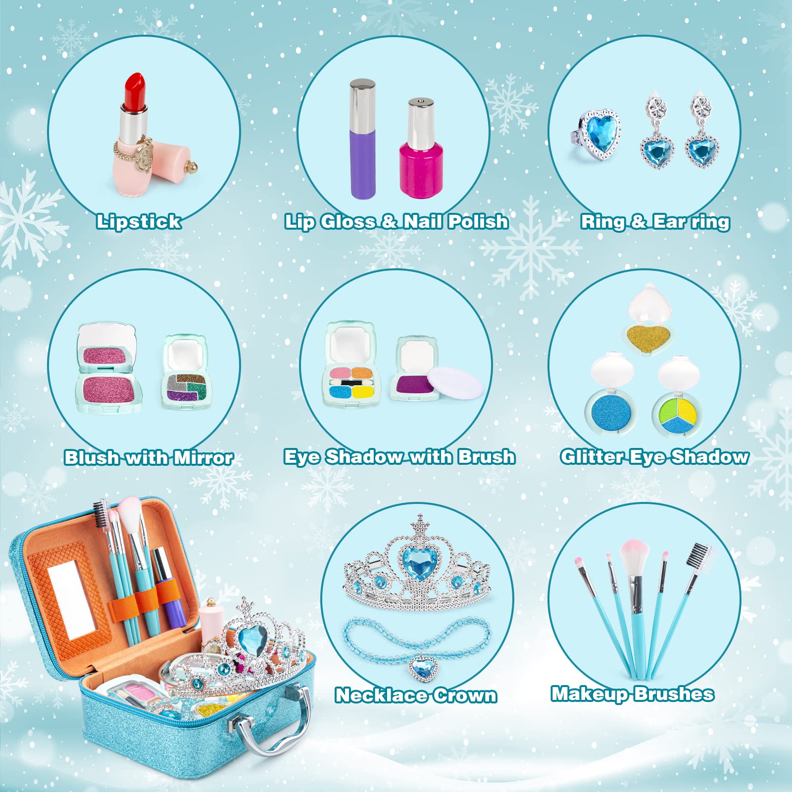 KIDCHEER Kids Makeup Kit for Girls Pretend Play Make up Gift Princess Toys for Kids with Storage Bag,Blue