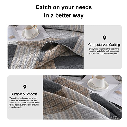 PANGUSHAN 100% Cotton Quilt Set Queen Size,Patchwork Plaid Queen Quilt Bedding Set Bedspreads,Farmhouse Lightweight Comforter,Grey/Gray/Black/Tan/White/Cream Reversible Quilt for Queen Bed,3 Pieces