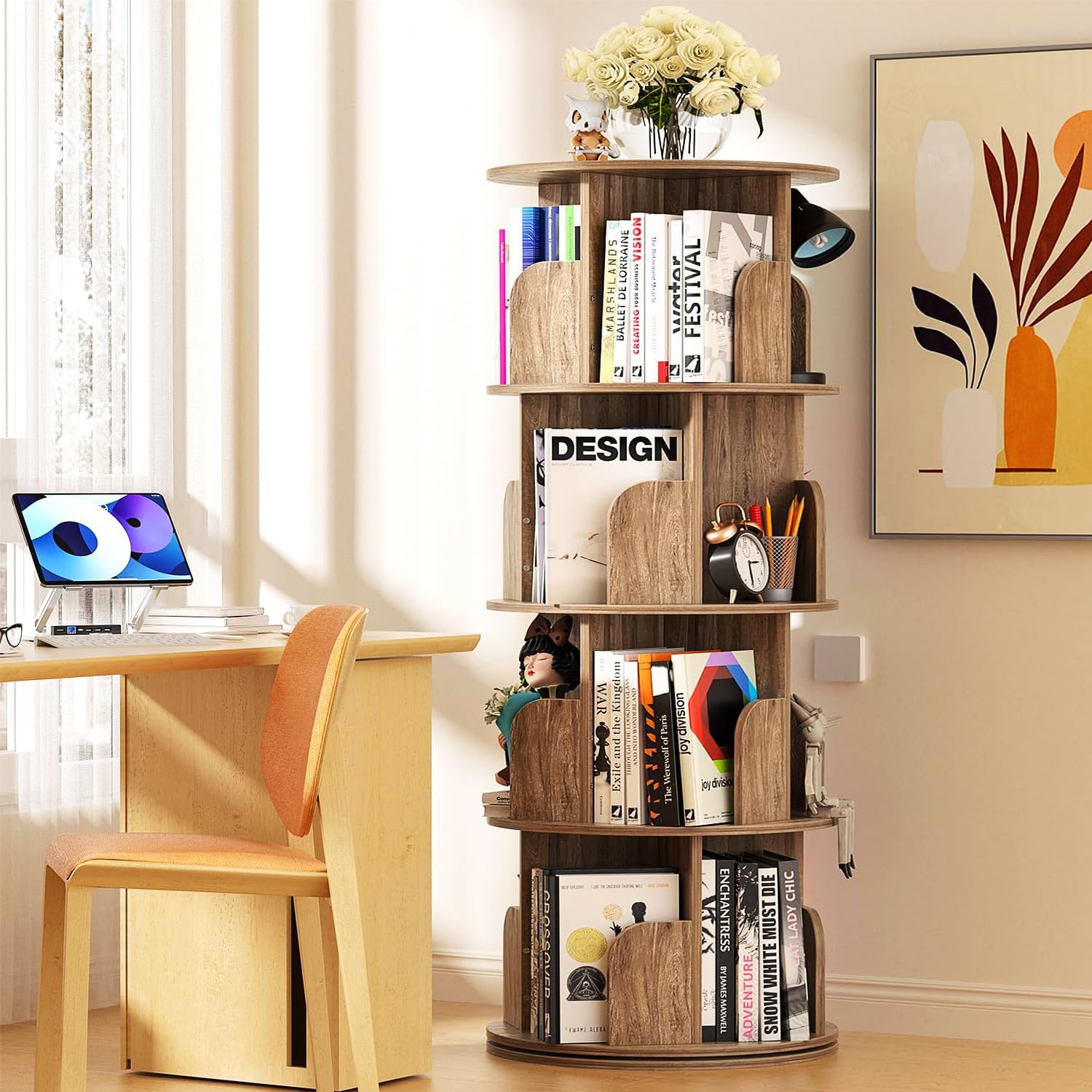 GOOFCXO 4 Tier Rotating Bookshelf, 360° Revolving Bookcase Wood Rotating Stackable Shelves Floor-Standing Storage Display Rack Used in Bedrooms Living Rooms Study Office (52"x18"x18")