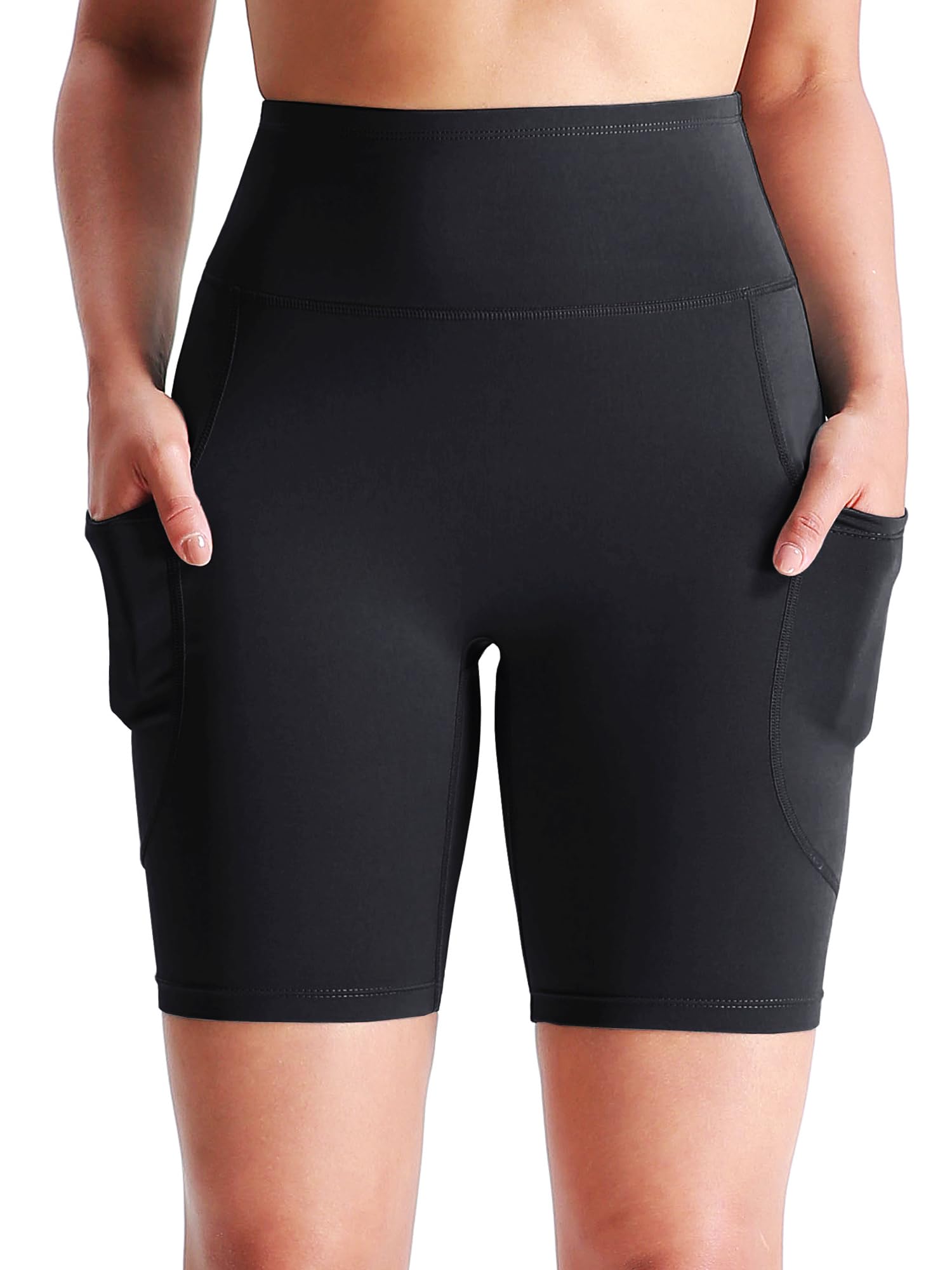 CADMUS 3 Pack High Waisted Shorts for Women 8" Workout Biker Shorts w Two Side Pockets,3044,Pack of 3,Black,Grey,Red,X-Large