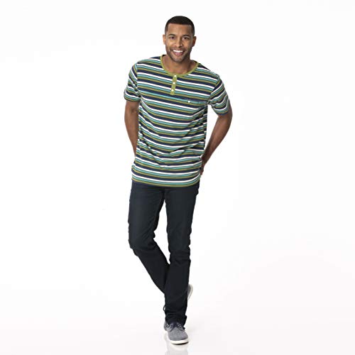 KicKee Menswear Print Short Sleeve Performance Jersey Henley (S, Botany Grasshopper Stripe)