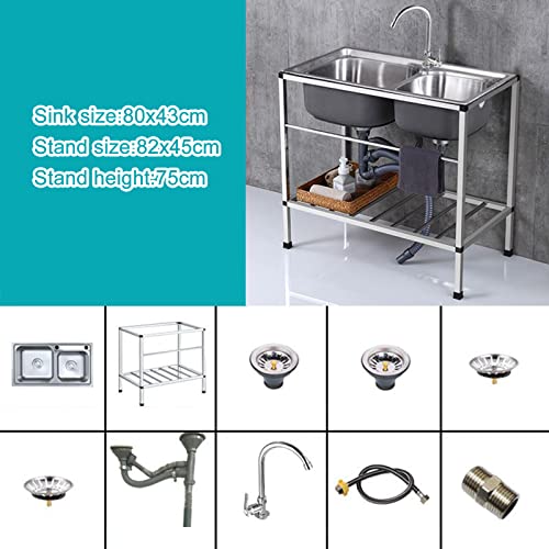 ZXLBTNB Commercial Restaurant Sink 304 Stainless Steel Utility Sink Freestanding Kitchen Sink with Worktop with Drip Board and Faucet for Laundry/Backyard/Garage/Camping 80x43x75cm