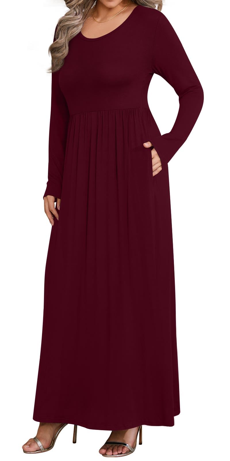 BISHUIGE Womens XL-6XL Casual Plus Size Maxi Dresses with Pockets 2XL, Wine Red