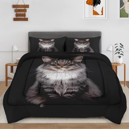 Cuzutime King Size Comforter Set with 2 Pillowcases, Silver Cat His Cute, Bedroom Decor Gray Grey Black Tabby Soft Bedding Set for Kids and Adults, Bed Decor