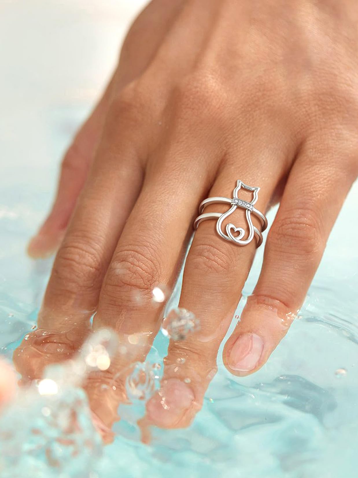 SILVERCUTE 925 Sterling Silver Cat Cute Ring Glittering Heart Cubic Zirconia Sparkle Adjustable Ring