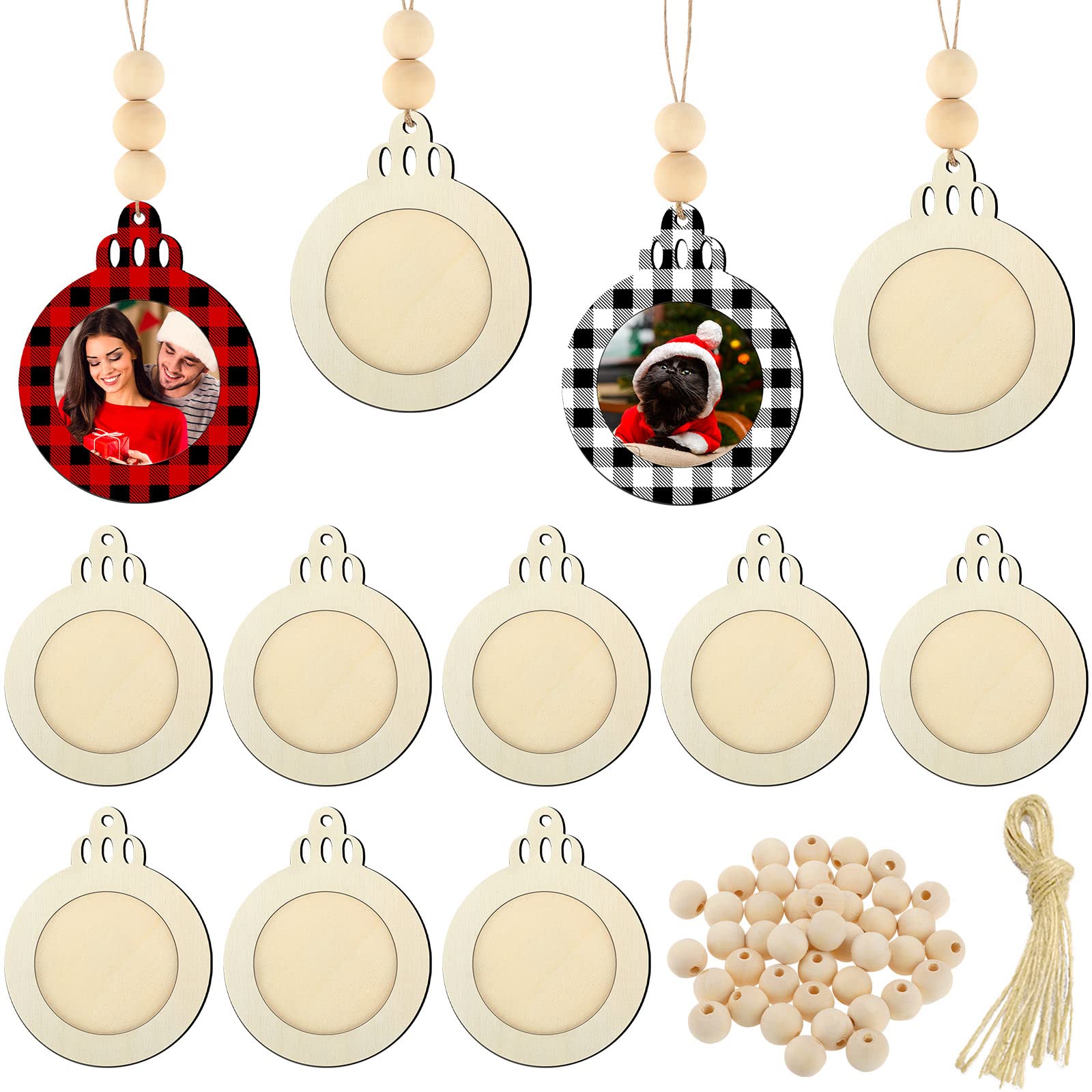 Blulu 24 Pcs Wooden Photo Frame Ornaments - Red Black Plaid Hanging Ornaments for Christmas Tree Stockings Decorations