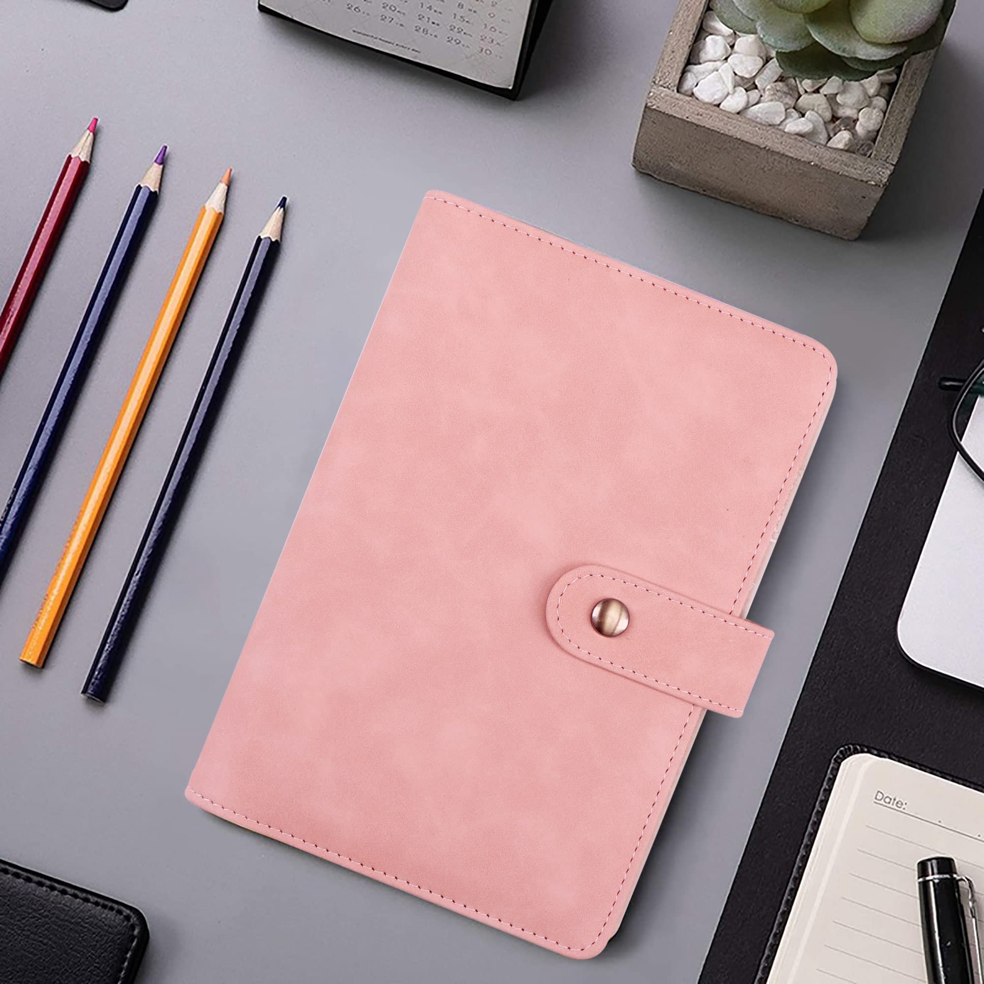 Budget Binder with Cash Envelopes for Budgeting, PU Leather Money Organizer Binder, 6 Ring Cash Binder with 12PCS Clear Zipper Envelopes, 12PCS Budget Sheets, 21PCS Color Labels, A6, Pink