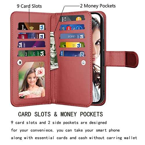 NJJEX Wallet Case for iPhone 14 Pro 6.1" 2022, for iPhone 14 Pro Case, [9 Card Slots] PU Leather ID Credit Holder Folio Flip [Detachable] Kickstand Magnetic Phone Cover & Lanyard [Wine Red]