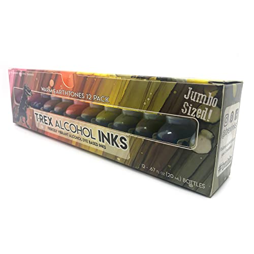 T-Rex Inks Premium Alcohol Inks Warm Earth Set- 12 Warm Tone Colors - Alcohol Ink for Epoxy Resin Dye, Painting, Tumbler Making & More - Includes Storage Box & Metallic Gold Ink - 20ml Bottles