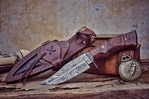 BIGCAT ROAR Handmade Damascus Hunting Knife - Bushcraft Fixed Blade Hunting Knife with Sheath and Walnut Wood Handle - 10″ EDC Skinning Knife - Bladesmith Pride