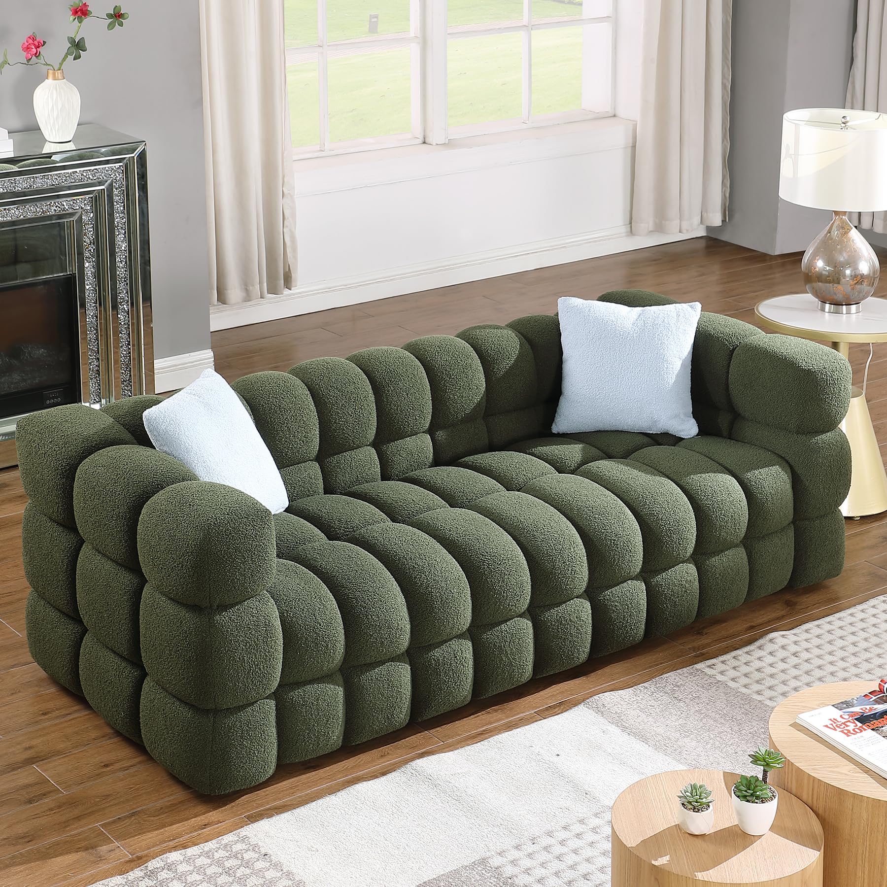Wrofly Boucle Sofa Couch, 84.3" Comfy Upholstered Sherpa Deep Seat Cloud Couch, Cozy Modern Tufted 3 Seater Couch with 2 Pillows for Living Room Apartment Office, Olive Green