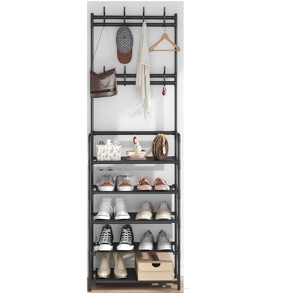 FDSDEFEN Entryway Coat Rack, Coat and Shoe Rack, Entryway Bench Storage Organizer with 8 Hooks for Bedroom (5-Tier )
