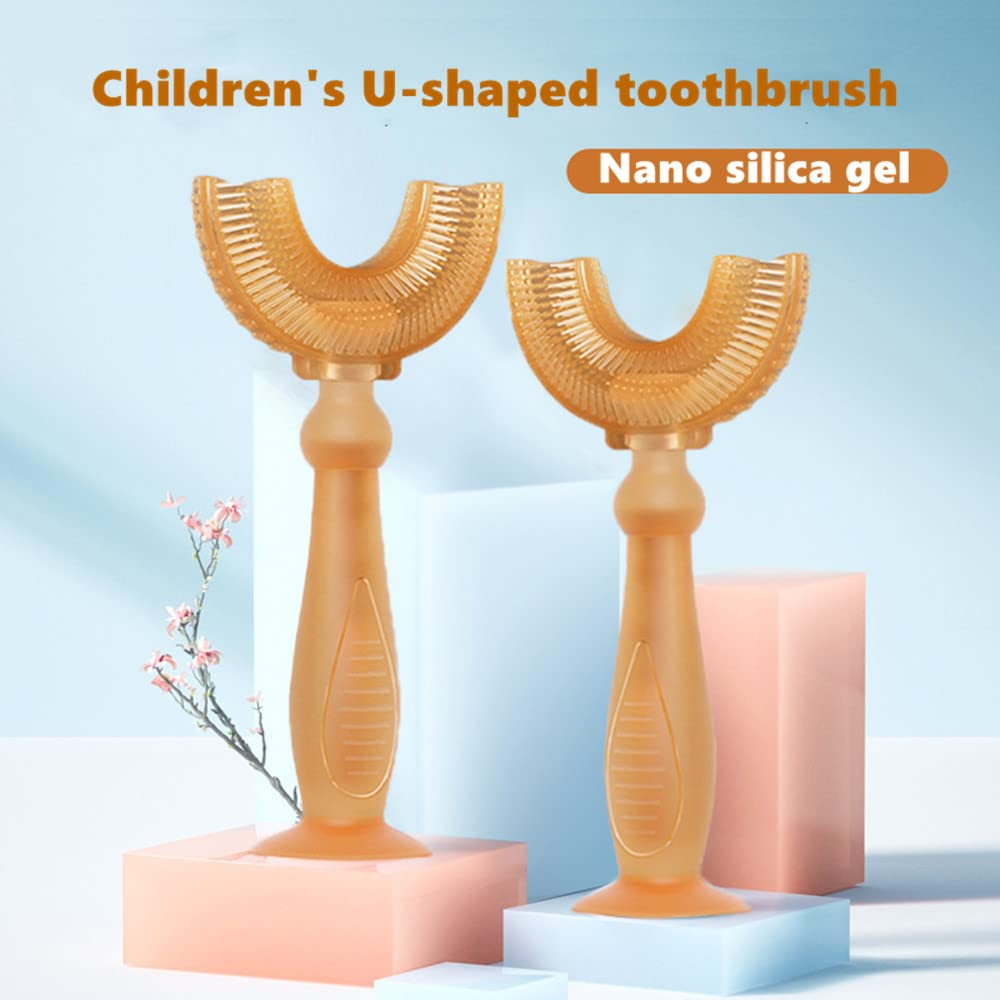 JYZPJ 2 Pack Kids U Shaped Toothbrush Toddler Toothbrush with Soft Silicone Bristles with Suction Cup Base 360 U Type Toothbrush for Children Ages 2-12 (2-6 Years Old)