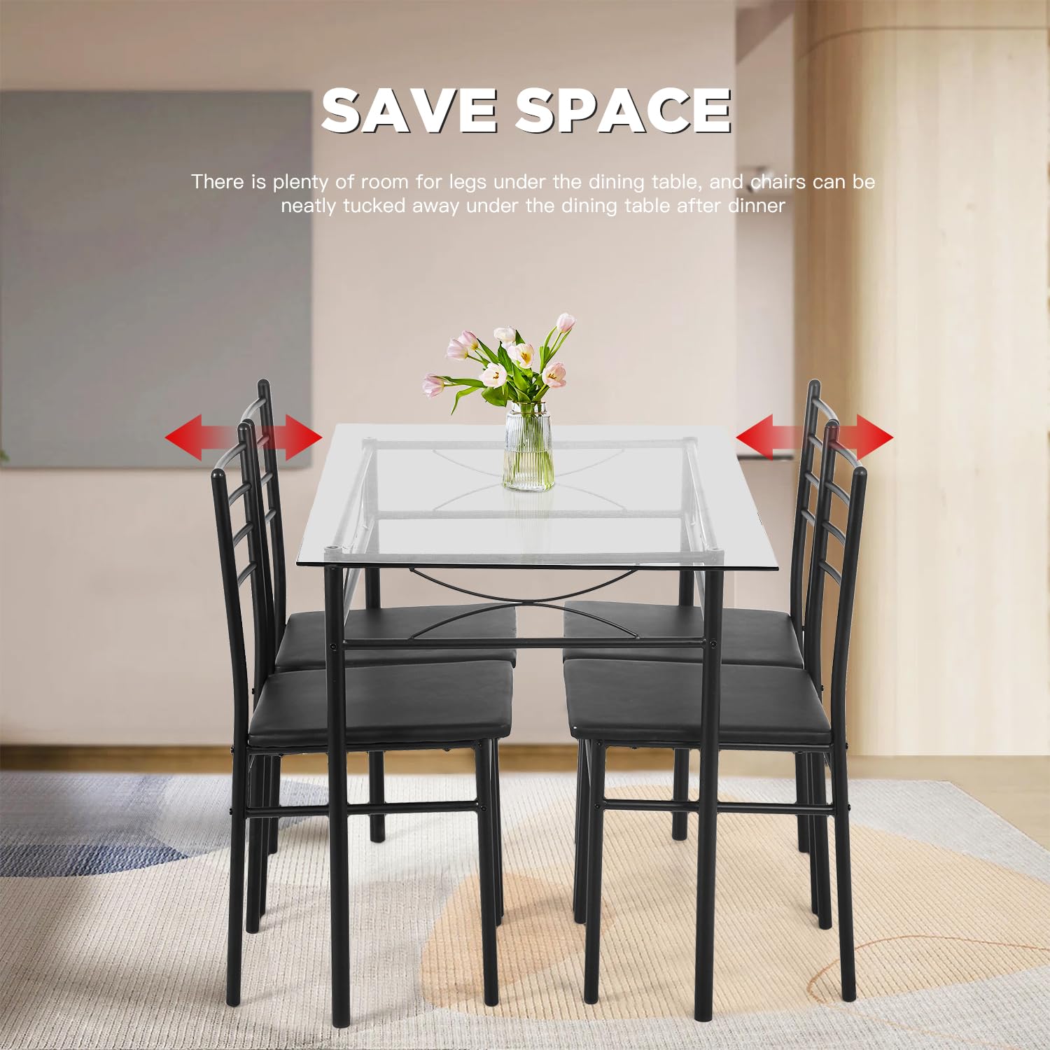 FDW Classic Dining Table Set 5 Piece,Metal Frame Glass Top Table and 4 Rectangular Modern Chairs Set,Suitable Small Space Kitchen Table Set for 4,Black
