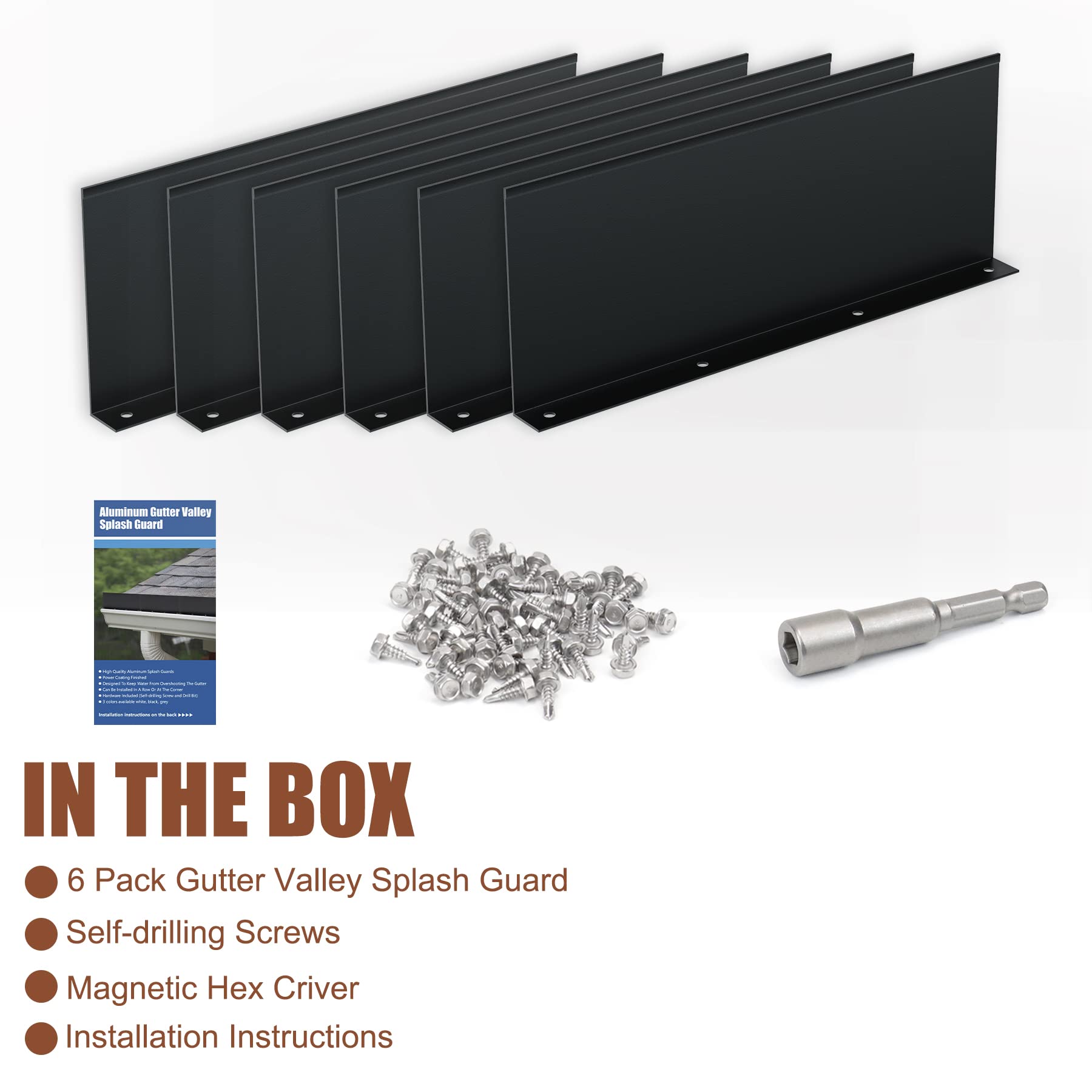 BJADE'S Gutter Valley Splash Guard,6 Pcs Aluminum Roof Valley Splash Shield Gutter Guard.for Straight,Flat Roofs,Corner,10 inch Each,Black