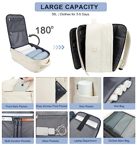 Hp hope Travel Backpack for Women Men, Expandable Airline Approved Carry On Backpack Flight Approved, Waterproof Hiking Weekender Backpack with USB Charging Port & Shoes Compartment, White