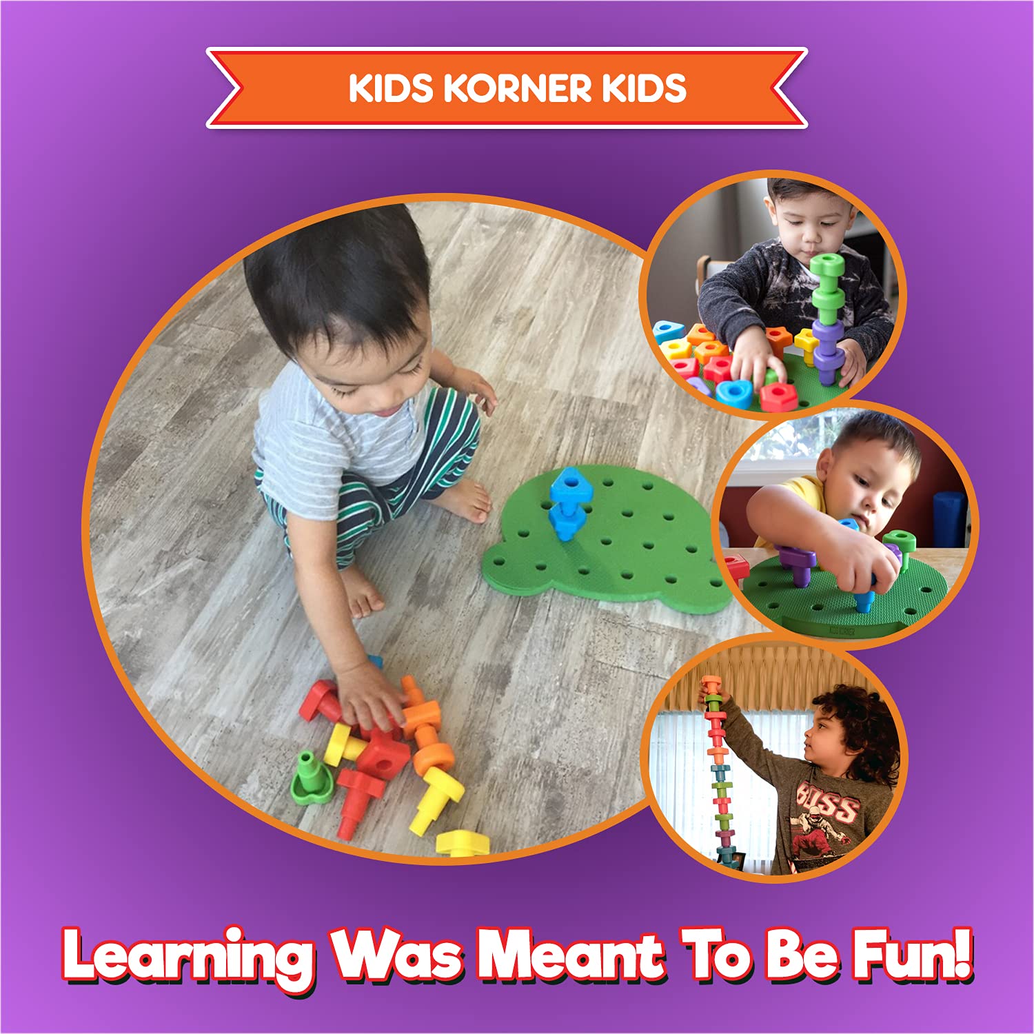 KIDS KORNER New & Improved Peg Board Stacking Toddler Toys Game Set - Lacing Fine Motor Skills for Ages 3 and Up - Matching Shapes with Pegs & Activity eBook