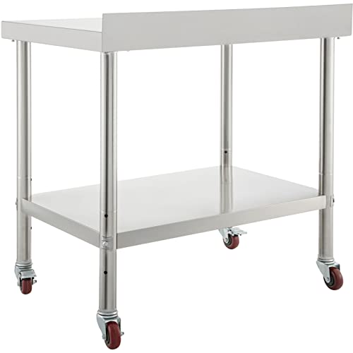 VEVOR Stainless Steel Prep Table, 24 x 15 x 35 Inch, 440lbs Load Capacity Heavy Duty Metal Worktable with Backsplash Adjustable Undershelf & 4 Casters, Commercial Workstation for Kitchen Restaurant