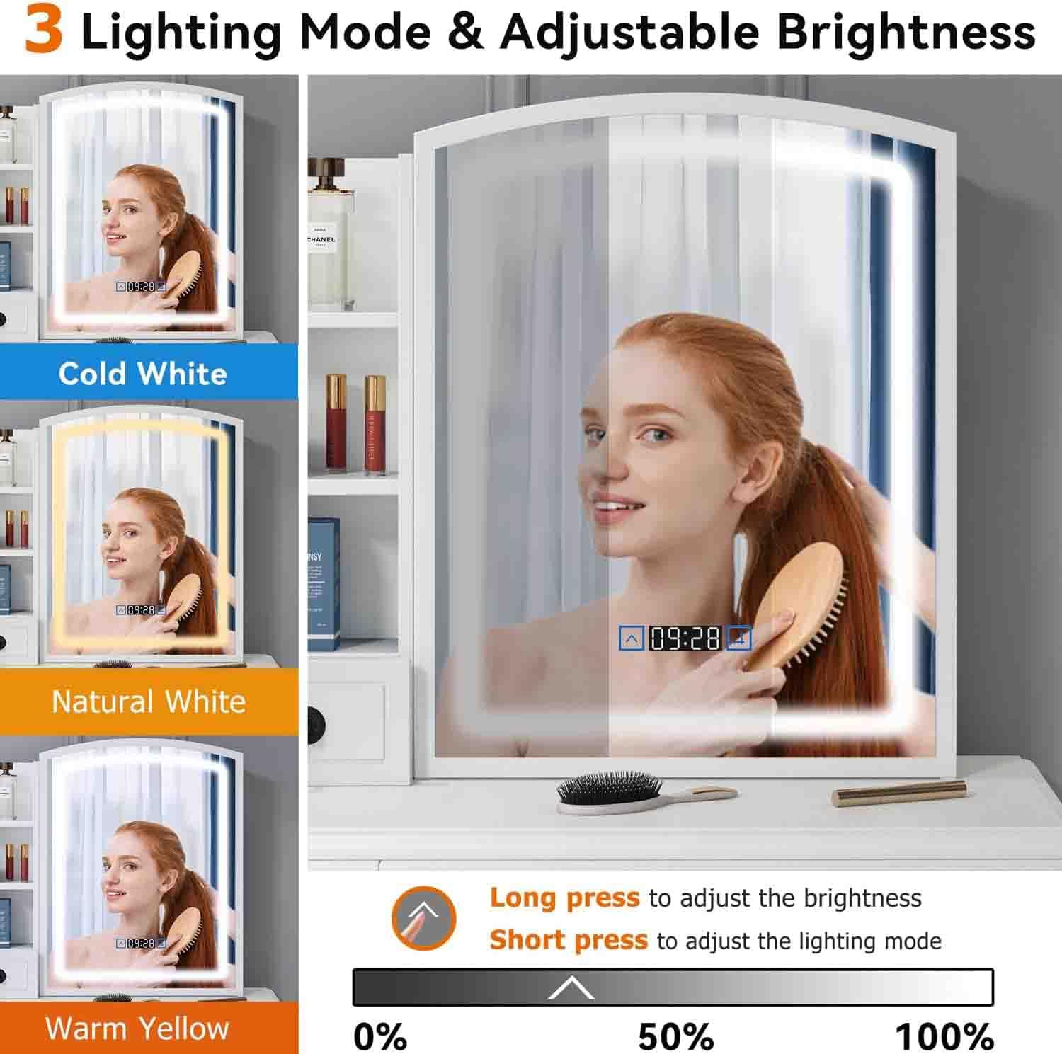 BJYXO Vanity Dressing Table with & time Display Sliding Lighted Mirror, Makeup Vanity Dressing Table with Touch Light 3 Color Lighting Modes Adjustable Brightness for Girls Women