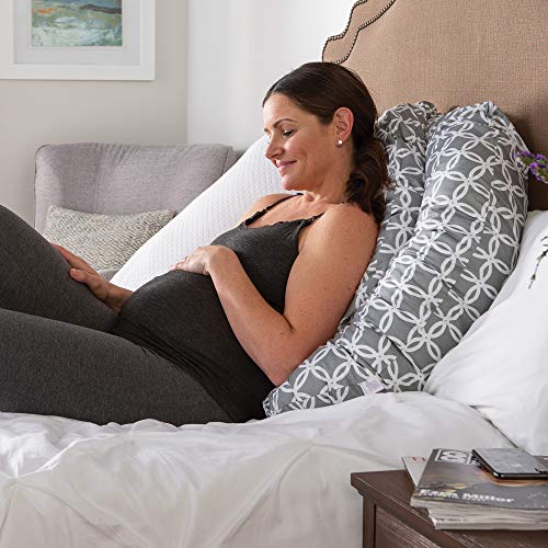 Boppy Total Body Pregnancy Pillow with Removable, Breathable Pillow Cover | Gray Scattered Leaves | Plush Full-Body Support | Prenatal and Postnatal Positioning