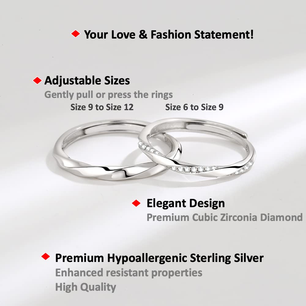 Cathay Select [New] Sterling Silver 925, Couple Rings Set, Adjustable Rings, Engagement Wedding Lovers Promise Rings