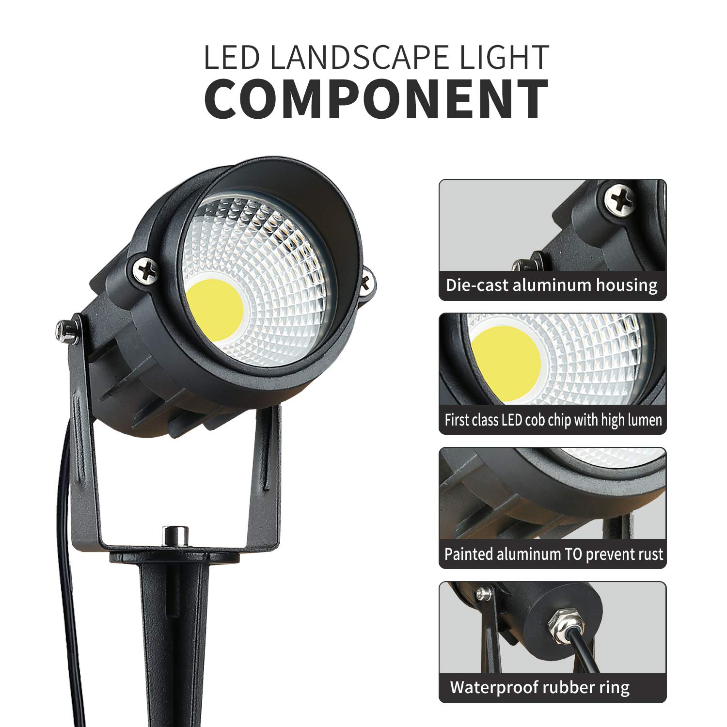 WIFZIG Outdoor Landscape Lighting 12W Waterproof Graden Lights COB Led Spotlights with Spiked Stand 120V for Lawn Decorative Lamp US 3- Plug 3000K Warm White (4Pack, 3000K)