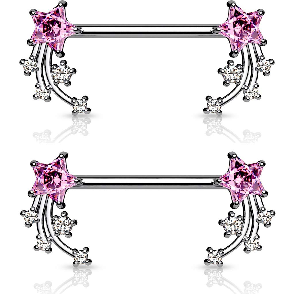 BODY DAZZ Pair of 14G-16mm Shooting Stars Surgical Steel Nipple Ring Barbells (Pink)