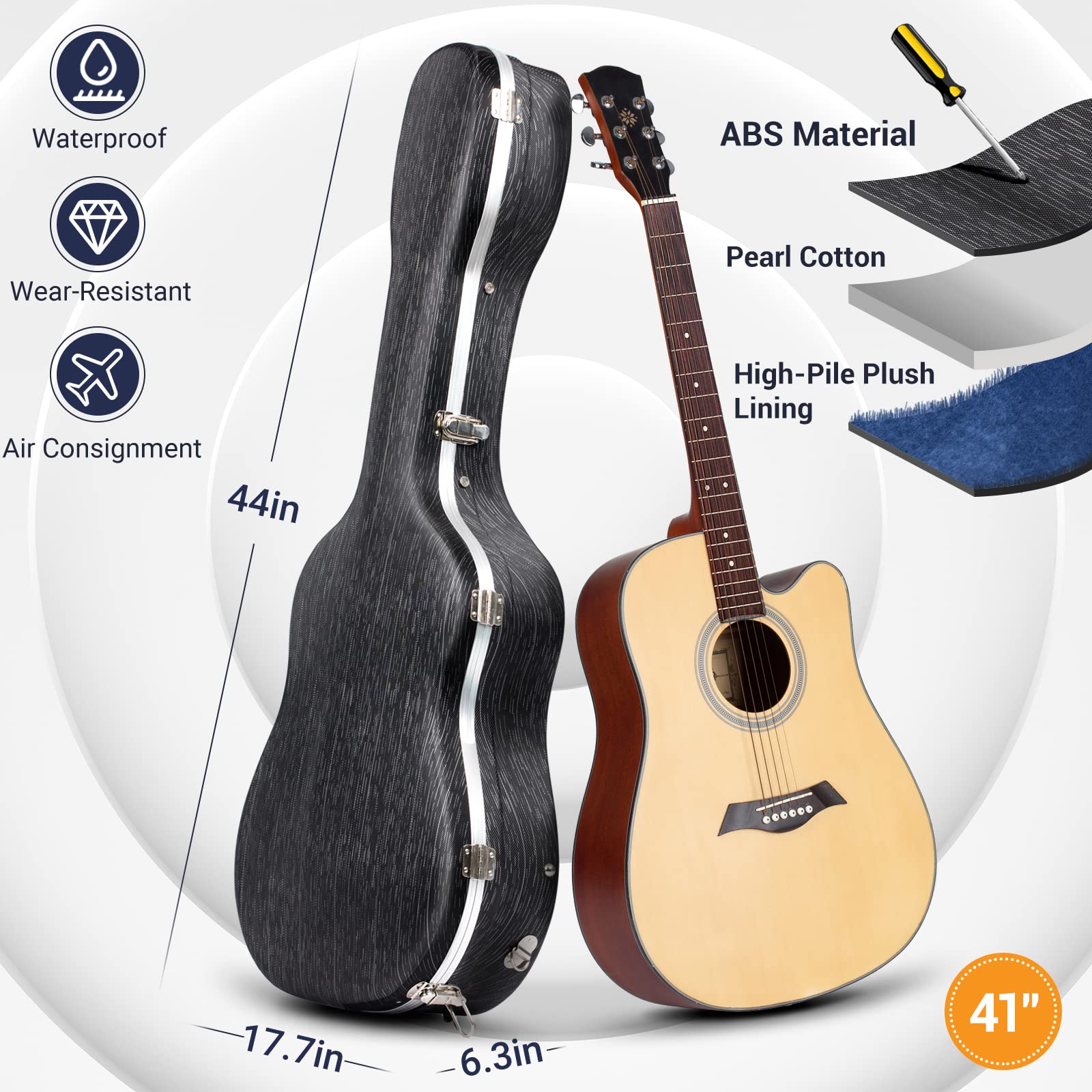 CAHAYA 41 Inch ABS Hard Guitar Bag Acoustic Guitar Case Waterproof 0.6 Inch Thick Padding for Acoustic Classical Guitars, Black CY0246