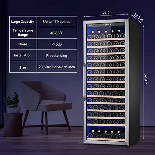 Wine Cooler Refrigerator, Velieta 179 Bottles Professional Wine Cellars with Powerful Compressor,Quiet Operation and Elegant Design for The Wine Enthusiast, silver, 23.5inchesĂ27.2inchesx62.9inches