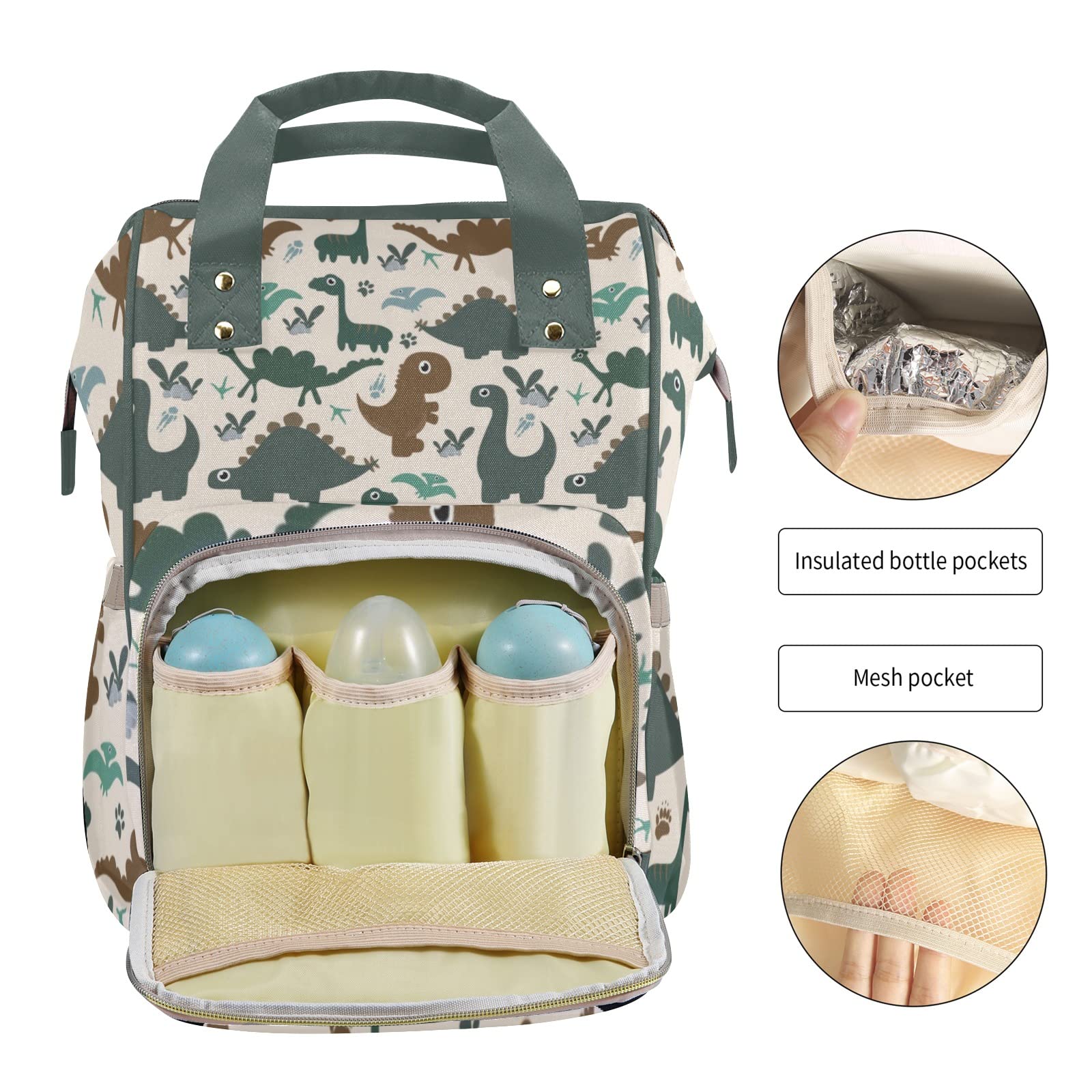 CustomLife Green Dinosaur Multi-Function Personalized Diaper Bag Backpack Tote with Name Travel Shoulder Casual Daypack Waterproof, 18.1''(H) x 10.83''(L) x 6.69''(W)