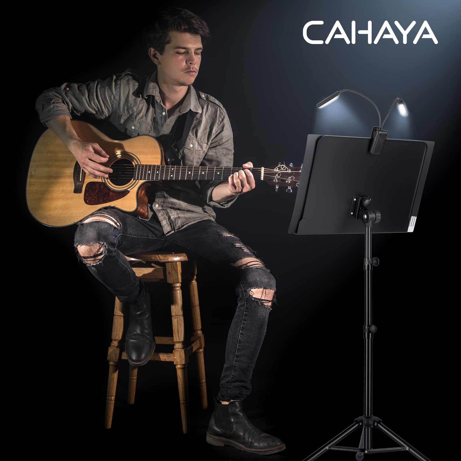 CAHAYA 6 IN 1 Sheet Music Stand with Stand Light Desktop Book Stand with Carrying Bag, Sheet Music Folder & Clip Metal Portable Solid Back for Guitar, Ukulele, Violin Players