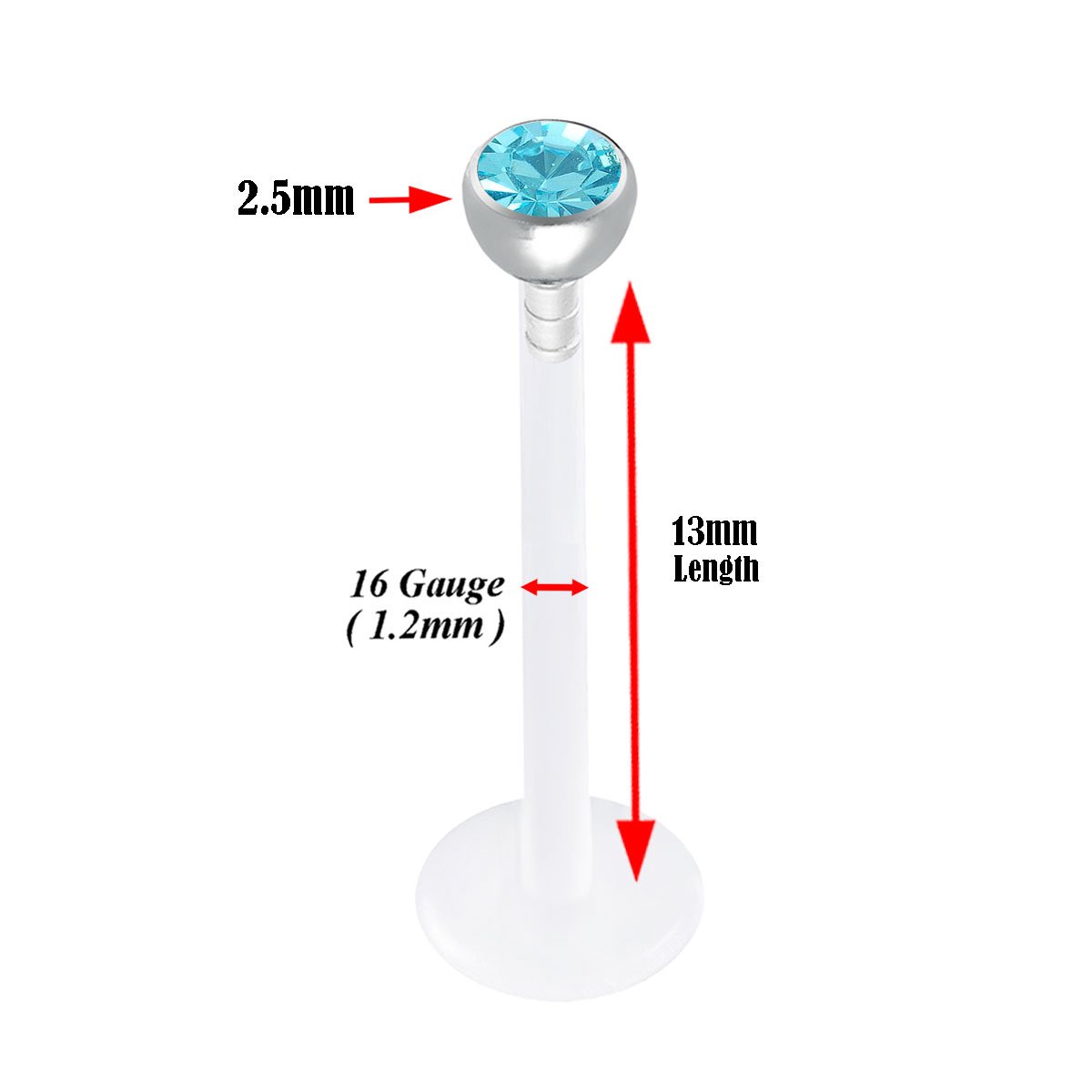 bodyjewellery 3pcs 16g 13mm Labret Stud Lip Rings Bioflex Internally Threaded Push In Forward Helix Snake Bite Surgical Steel - Aquamarine