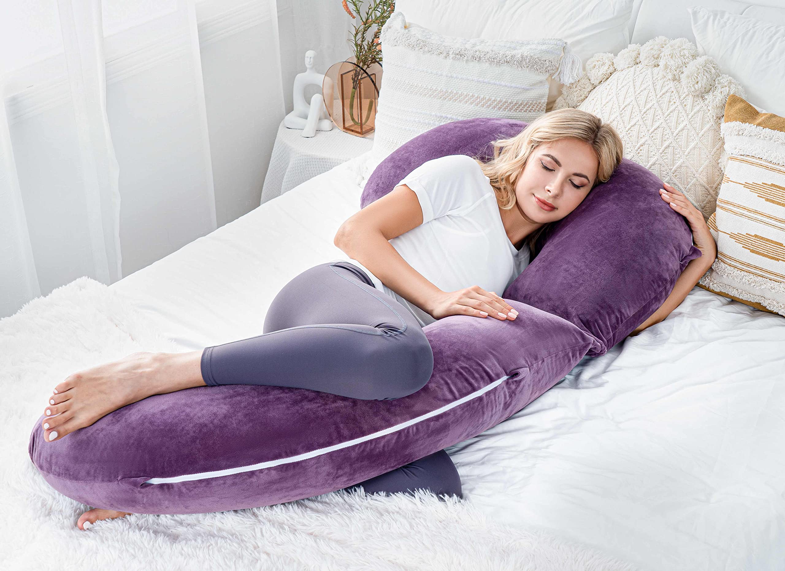 Meiz Pregnancy Pillows, Detachable Pregnancy Pillows for Sleeping, Pregnancy Body Pillow, Maternity Body Pillow for Sleeping, C Shaped Body Pillow with Velvet Cover, Dark Purple