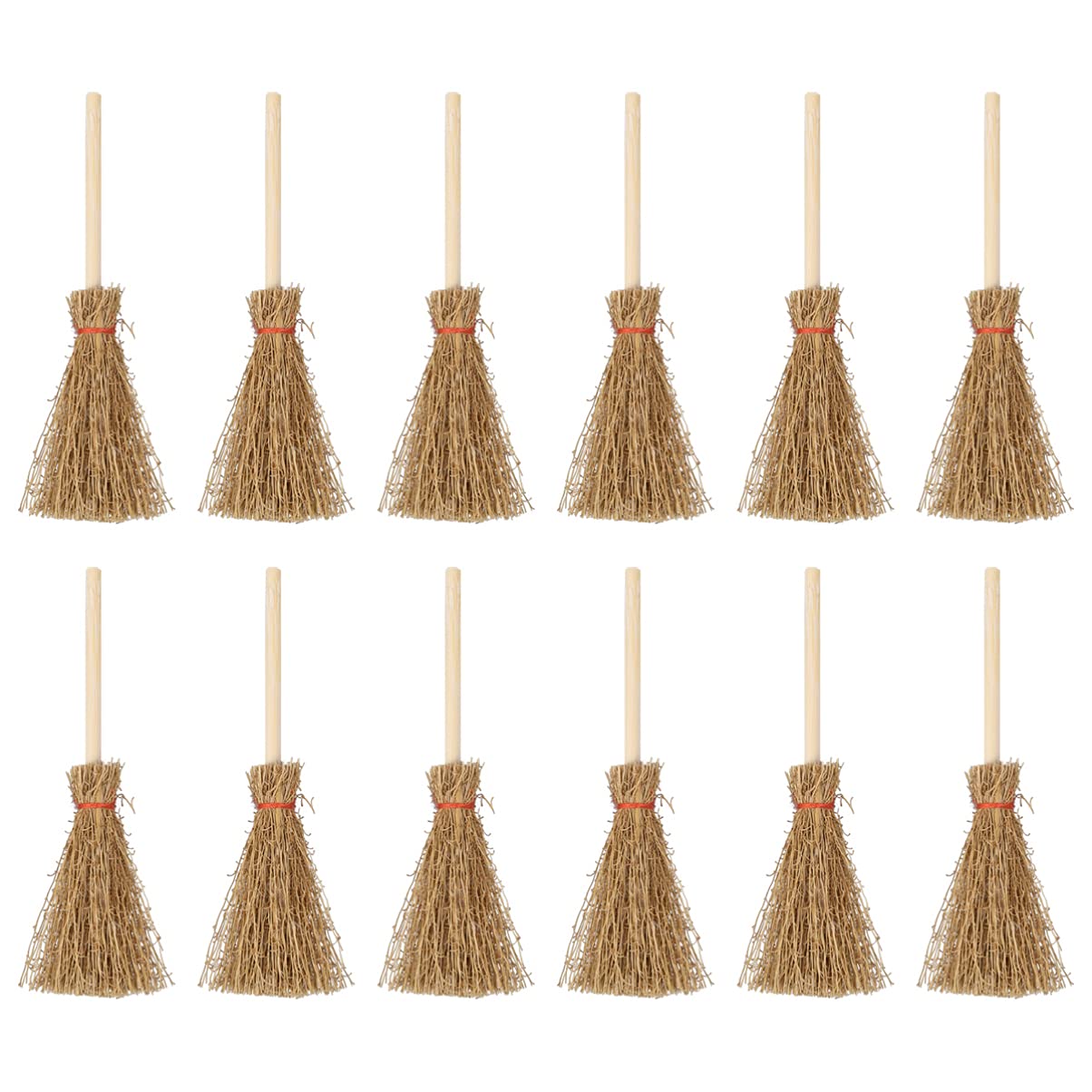 SEWACC 12pcs Mini Broom Decoration Miniature Artificial Straw Brooms Hanging Ornament Halloween Straw Craft Decor Witches Broom for Cosplay Party