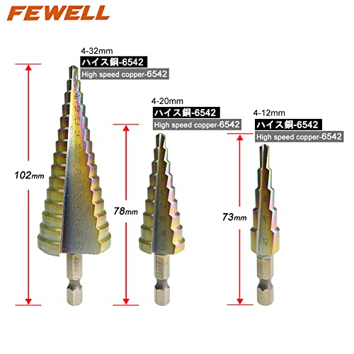FEWELL M2 Titanium Step Drill Bits 3 Pieces,Straight Flute Step Bit(4mm—12/20/32mm),Hex Shank Unibit for Metal, Wood, Stainless Steel, Plastic(29 Size)