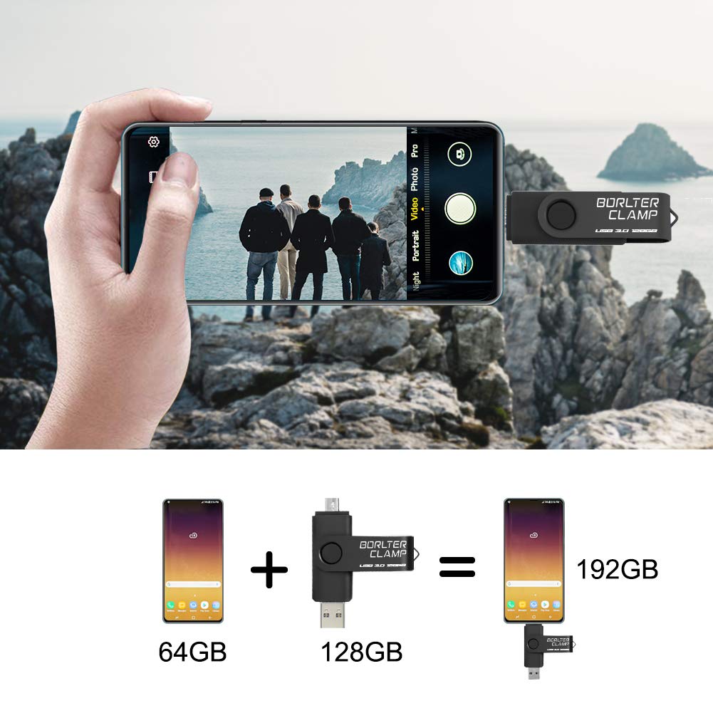 BorlterClamp 128GB USB 3.0 Flash Drive Dual Port Memory Stick, OTG Thumb Drive with Micro USB Drive Port for Android Smartphone Tablet & Computer (Black)
