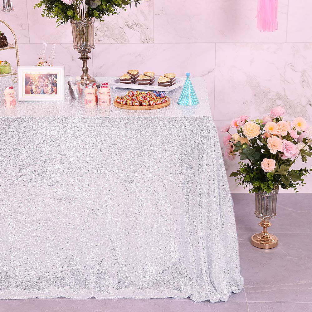 Blxsif Glitter Silver Sequin Tablecloth - Rectangle 55x80in Shimmer Silver Table Cover for Party Wedding Birthday Christmas Sparkly Table Cloth Linen