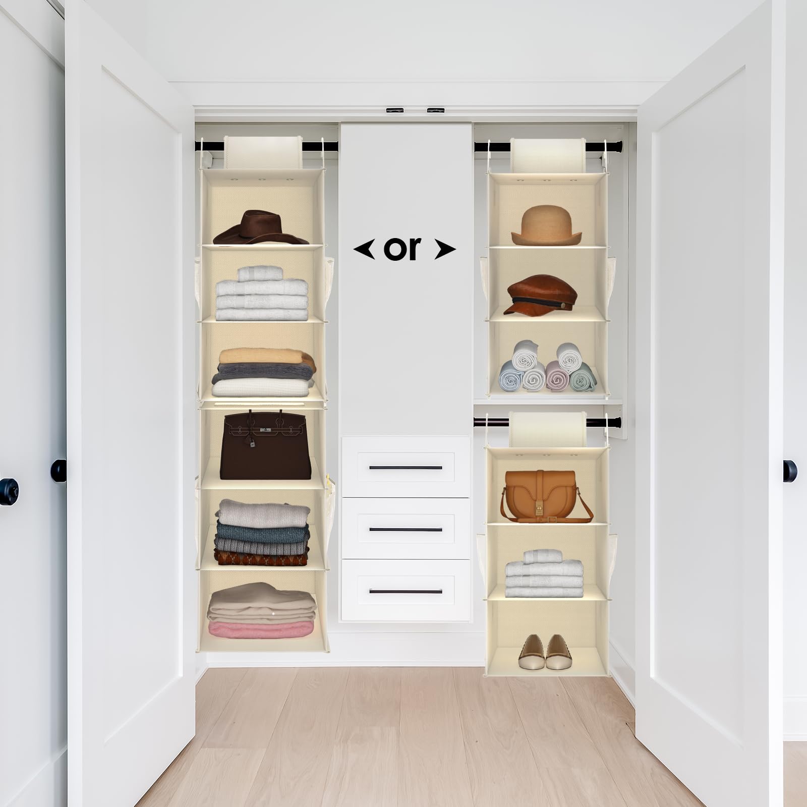 Fixwal 2 Pack 3-Shelf Hanging Closet Organizer 6-Shelf Separable Hanging Shelves Collapsible Hanging Storage Shelf for Bedroom College Dorm Pantry Camper RV, Creamy-White