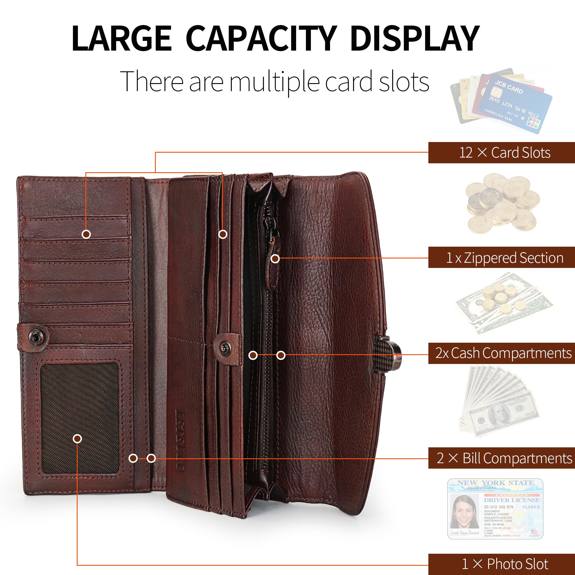 ORIREAL Women's Wallet Genuine Leather Wallet for Ladies Large Capacity Hand-Crafted Wallet Card Holder Purse (Coffee)