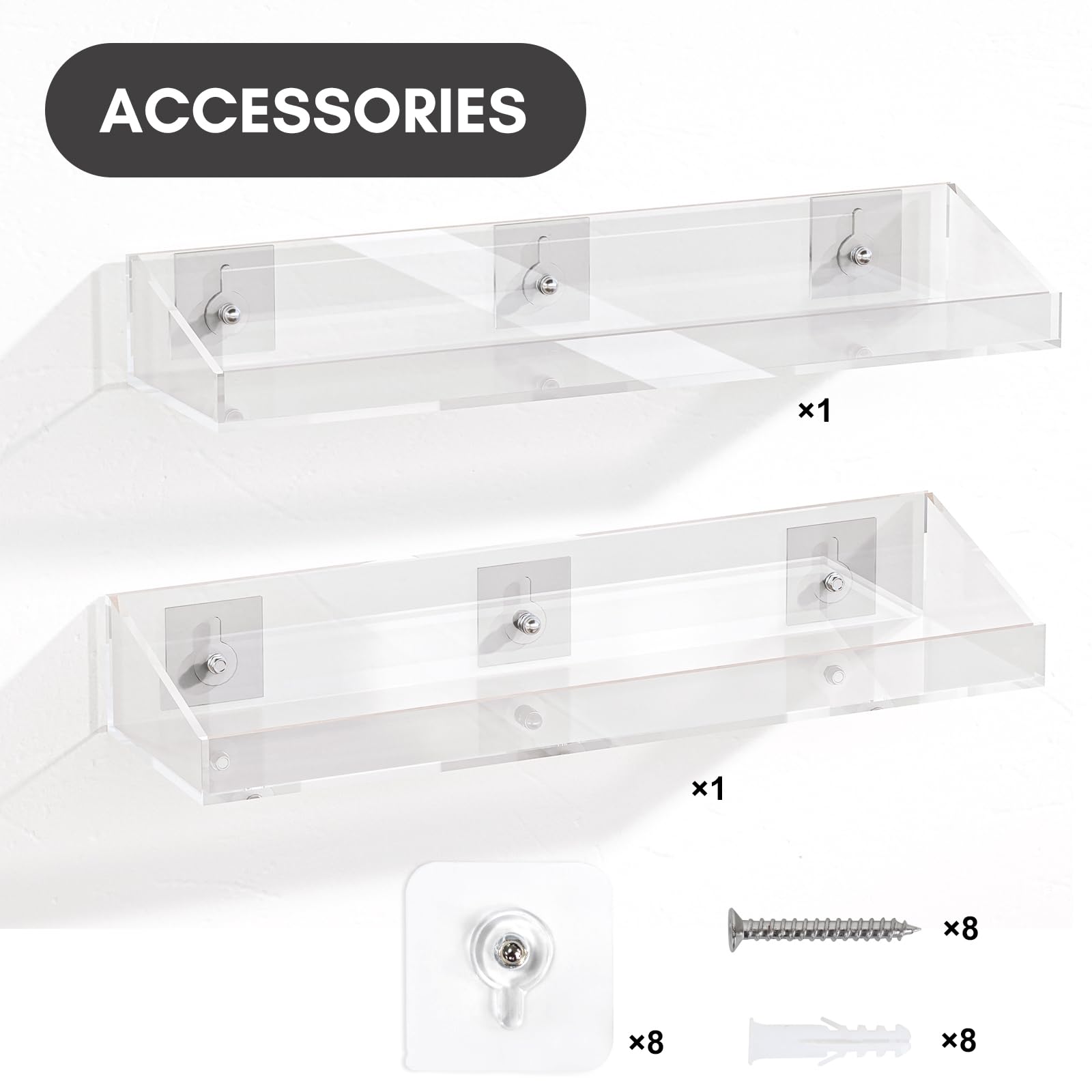 Fixwal 2 Pack Acrylic Shower Caddy Shelves, Storage Self Adhesive Clear Bathroom Strong Organizer Rack No Drilling for Shower Inside Home Kitchen Dormitory RV Accessories First Apartment Essentials