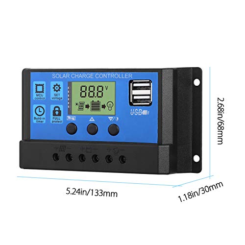EEEKit 20A Solar Charge Controller, 12V/24V Solar Panel Battery Intelligent Regulator with Dual USB Port PWM Auto Parameter Timer Setting Adjustable LCD Display, Blue
