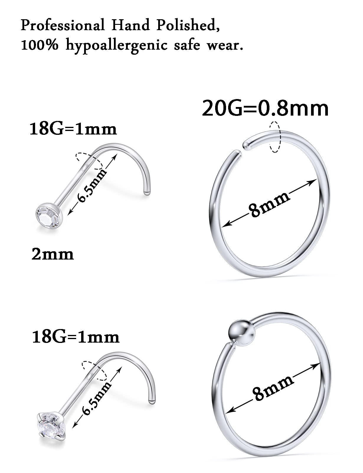 Boernfnso 18G Nose Rings for Women Surgical Steel Nose Rings Hoops Nose Piercing Jewelry,Screw Nose Rings, Corkscrew Nose Ring Studs,Opal Nose Ring CZ Screw Nose Studs,Cute Nose Rings,Silver