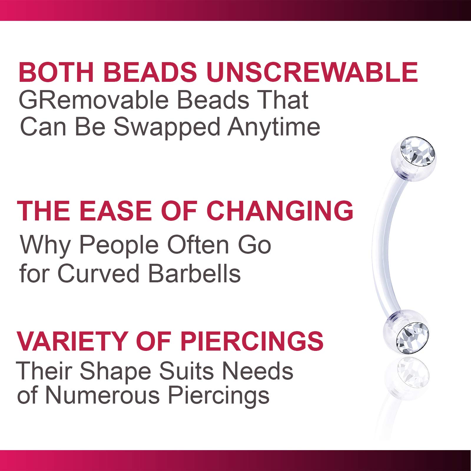bodyjewellery 4pcs 16g Curved Barbell Cartilage Tragus Eyebrow Flexible Bioflex Helix Conch Earring Auricle Crystal Ball Stud - 10mm