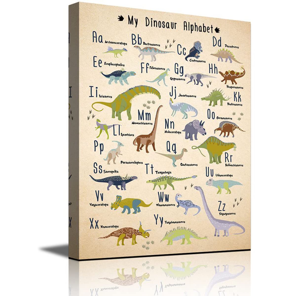 Cute Animal Dinosaur Alphabet Kid Educational Chart Boys Room Canvas Wall Art for Nursery Kids Children Play Room Wall Decor Retro Parchment paper Style Framed 12x16inch