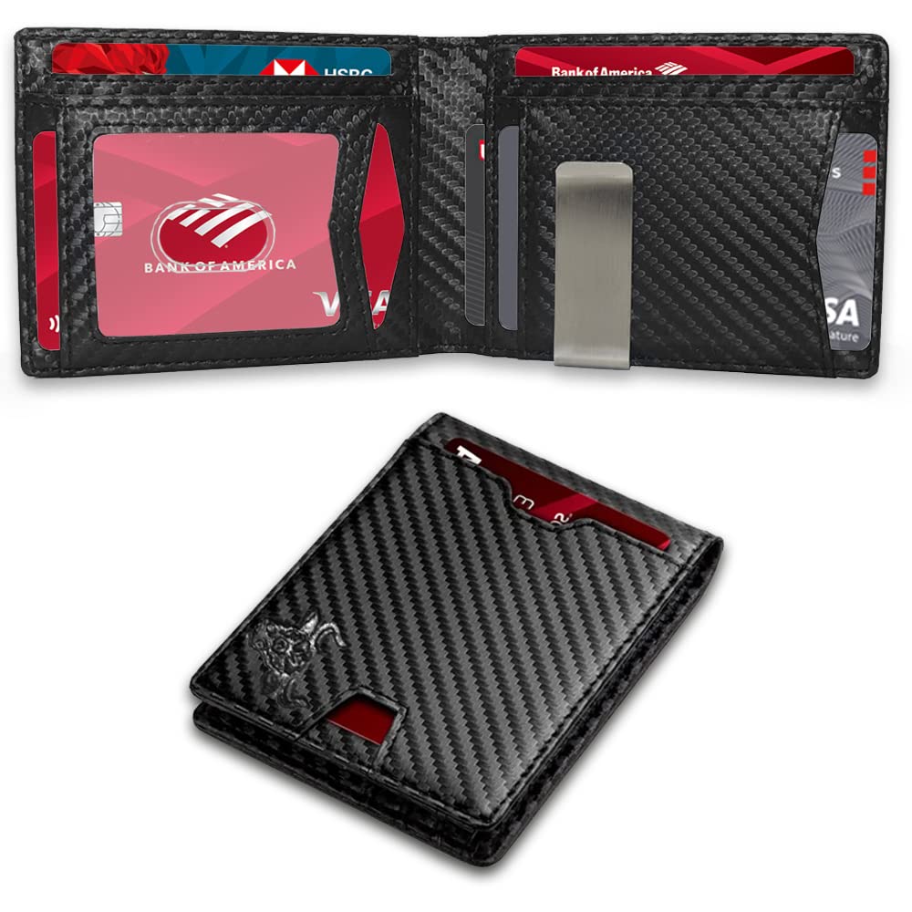 BULLMIND Wallet For Men Slim Minimalist Carbon Fiber Bifold Larger Capacity RFID Blocking With 11 Slots Credit Cards Holder with Money Clip and Box