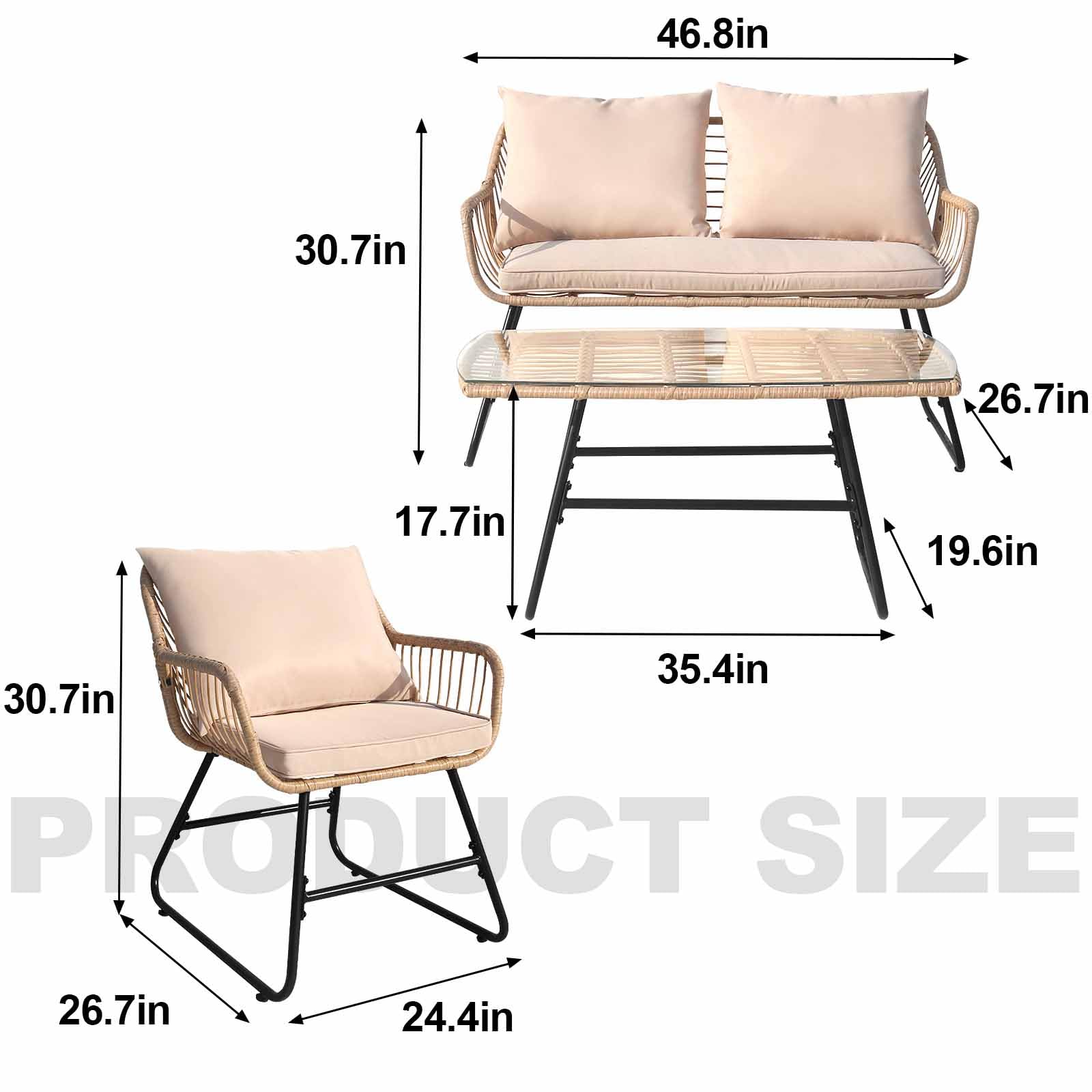 FKSLIFE Outdoor Wicker Patio Conversation Set, All-Weather Rattan Conversation Chairs for Backyard, Balcony, Deck ,Porch ,with Soft Cushions (Beige+Beige, 4-Piece Set)
